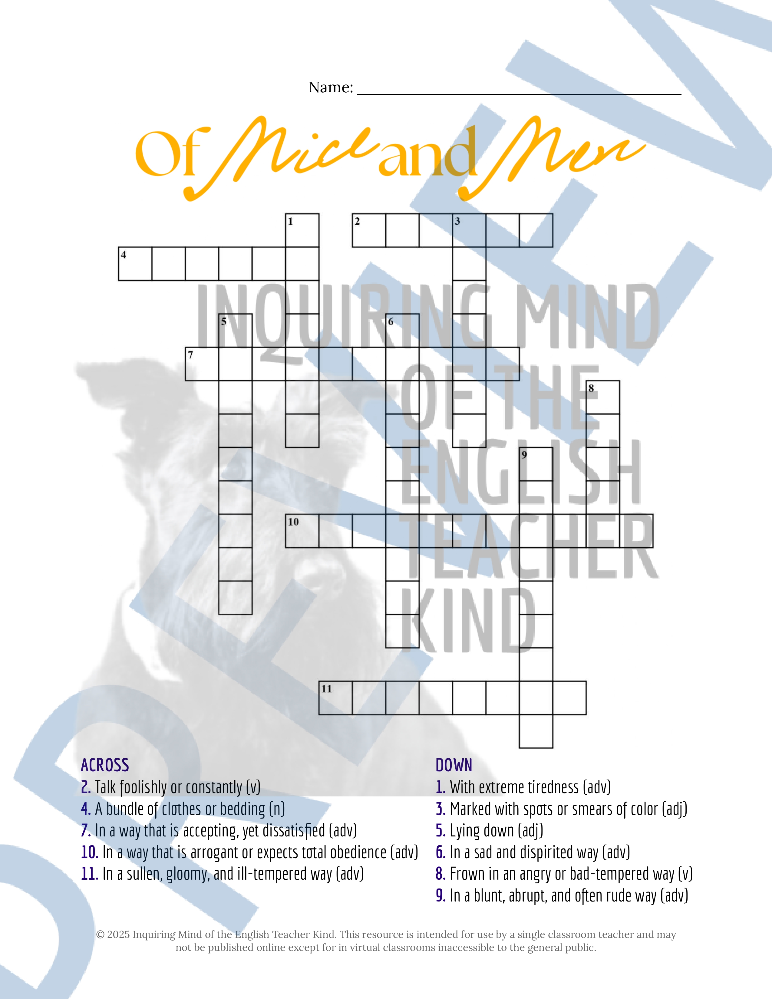 Of Mice and Men Chapter 1 Vocabulary Activities | Crossword Puzzle ...