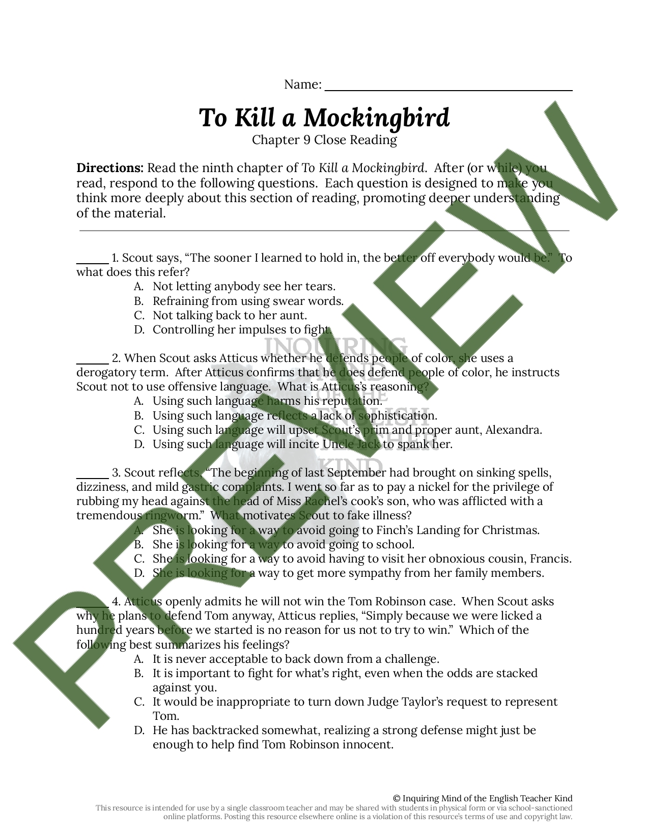 To Kill a Mockingbird Chapter 9 Close Reading Worksheet | Teaching ...