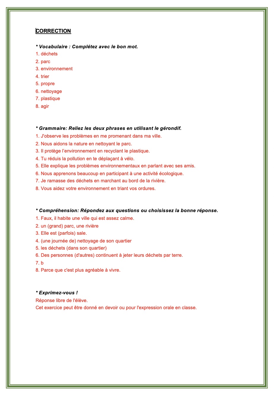 French year 10 or 11 (grade 9 or 10): l'environnement dans ma ville ...