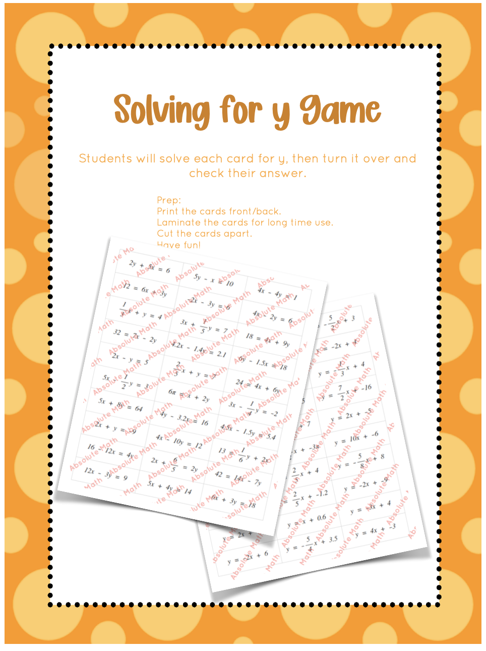 Solving for y Game | Teaching Resources