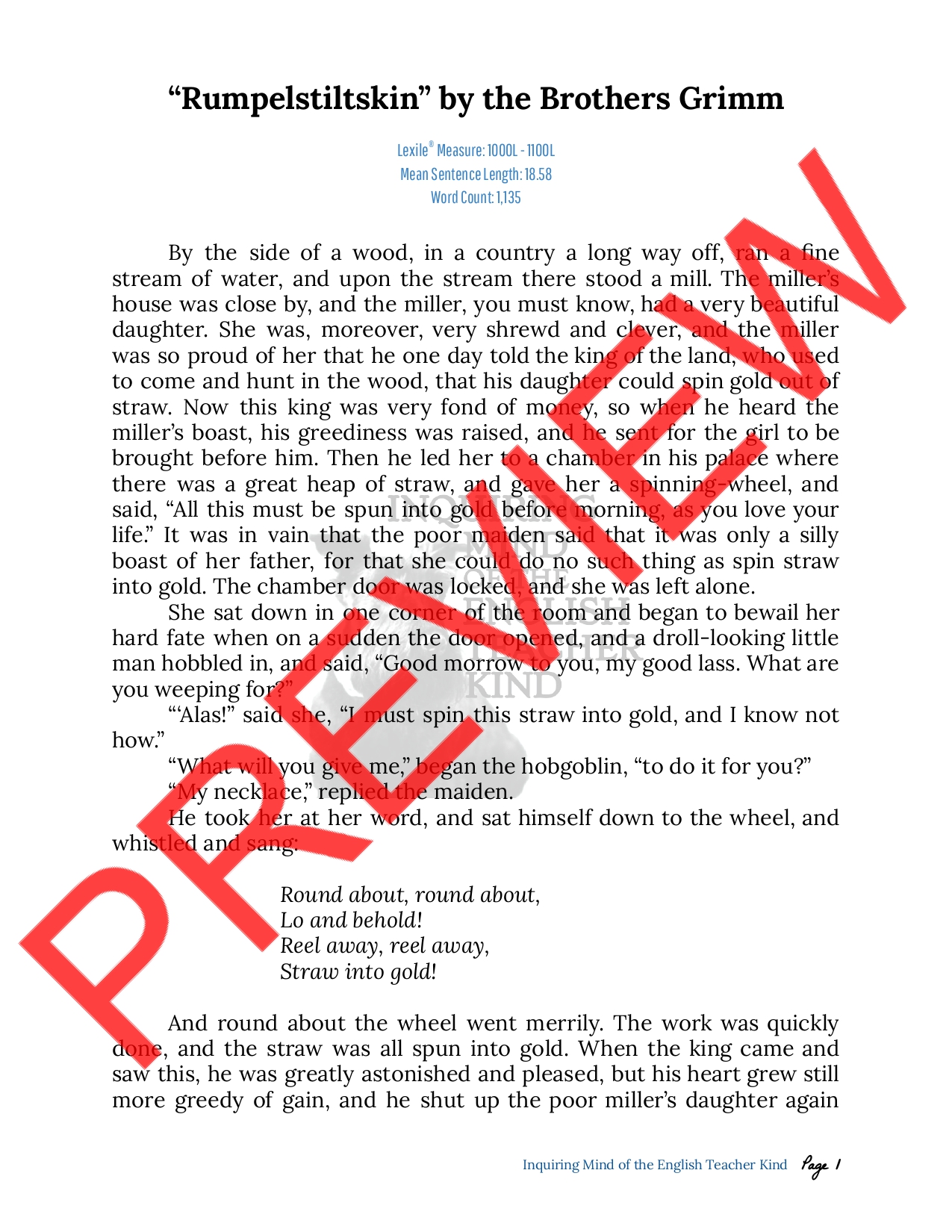 "Rumpelstiltskin" by the Brothers Grimm Close Reading Questions ...