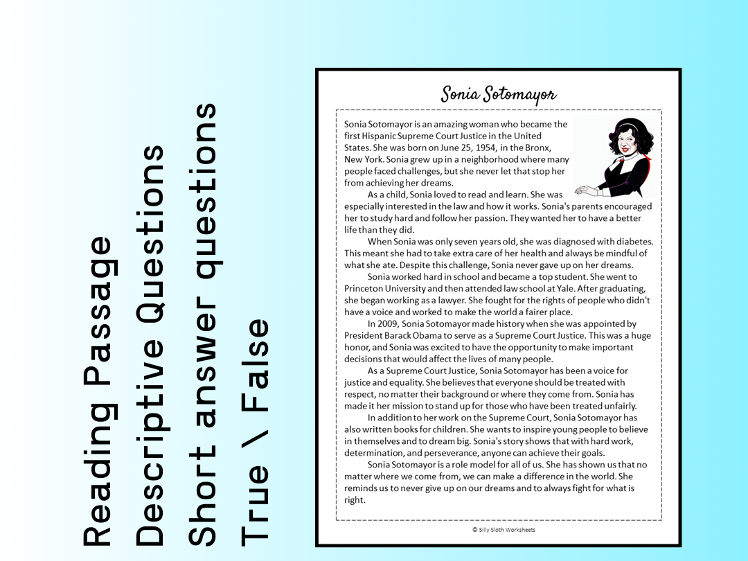 Sonia Sotomayor Biography Reading Comprehension Passage Printable ...