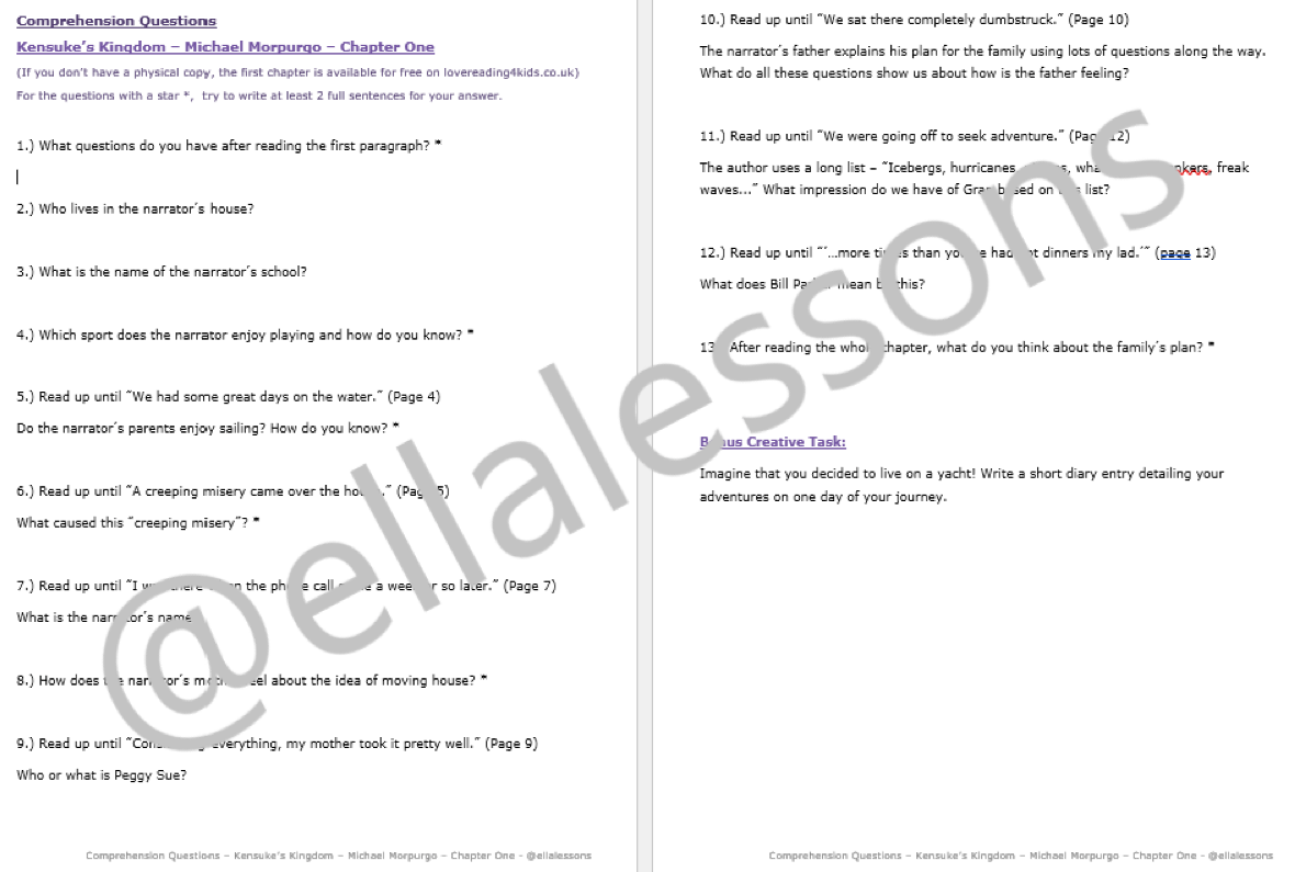 11+ Comprehension Practise - Kensuke's Kingdom - Michael Morpurgo ...