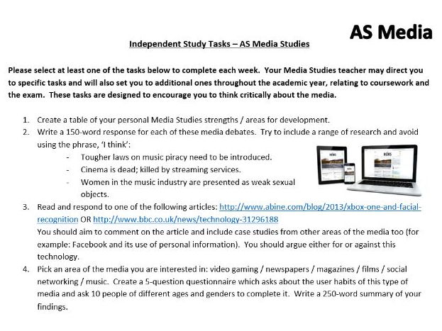 Media Studies A Level – 60 Independent Study / Homework Tasks ...