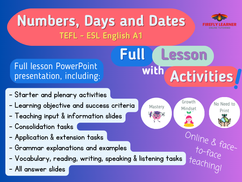 Numbers, Days, Dates & Seasons - TEFL/ ESL English A1 Lesson ...
