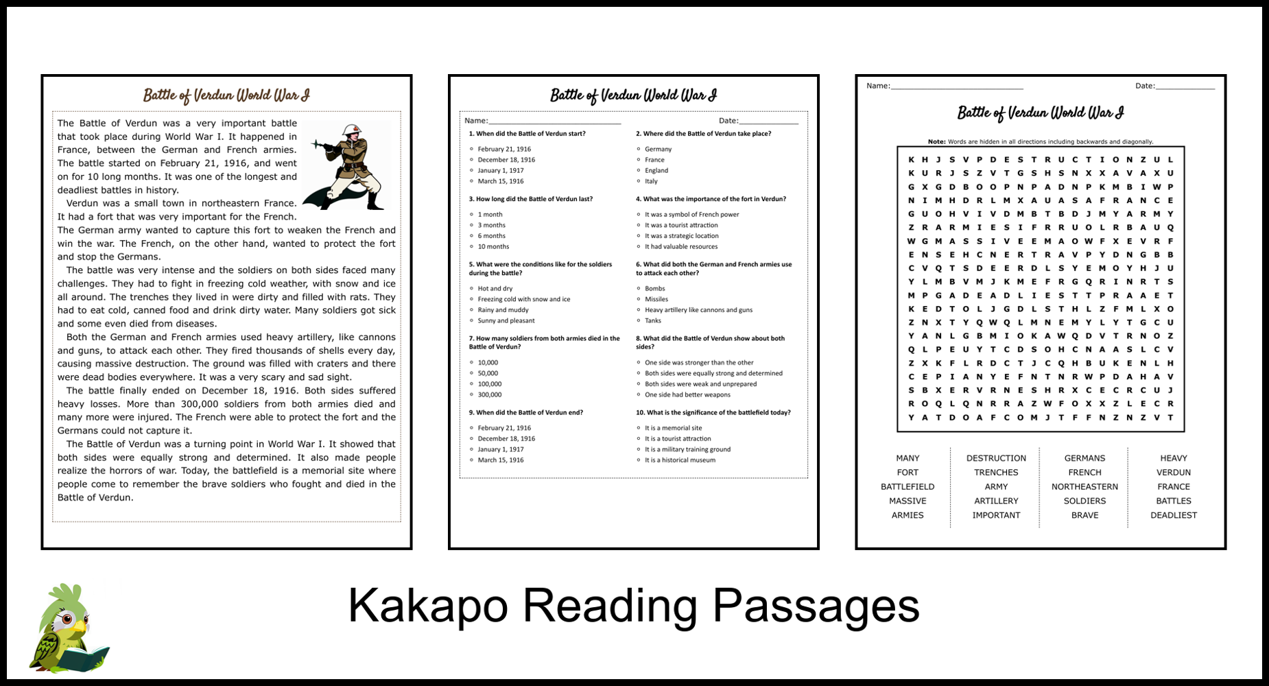 Battle of Verdun World War I Reading Comprehension and Word Search ...