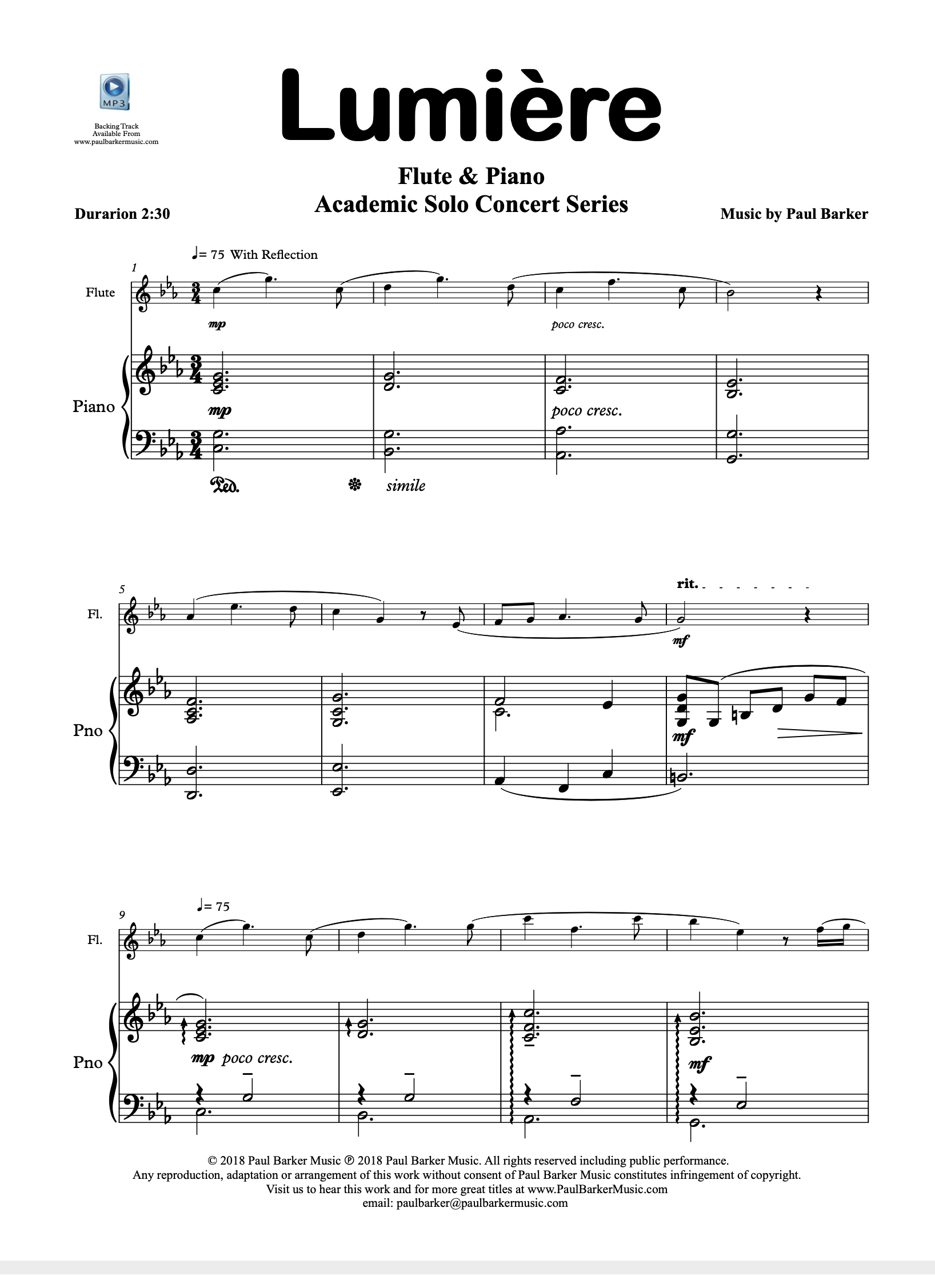 Lumiere - Flute & Piano (Score & Parts) | Teaching Resources