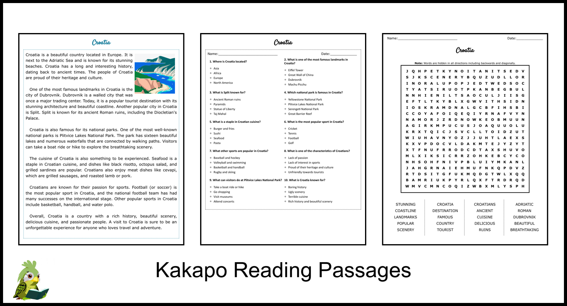 Croatia Reading Comprehension and Word Search | Teaching Resources