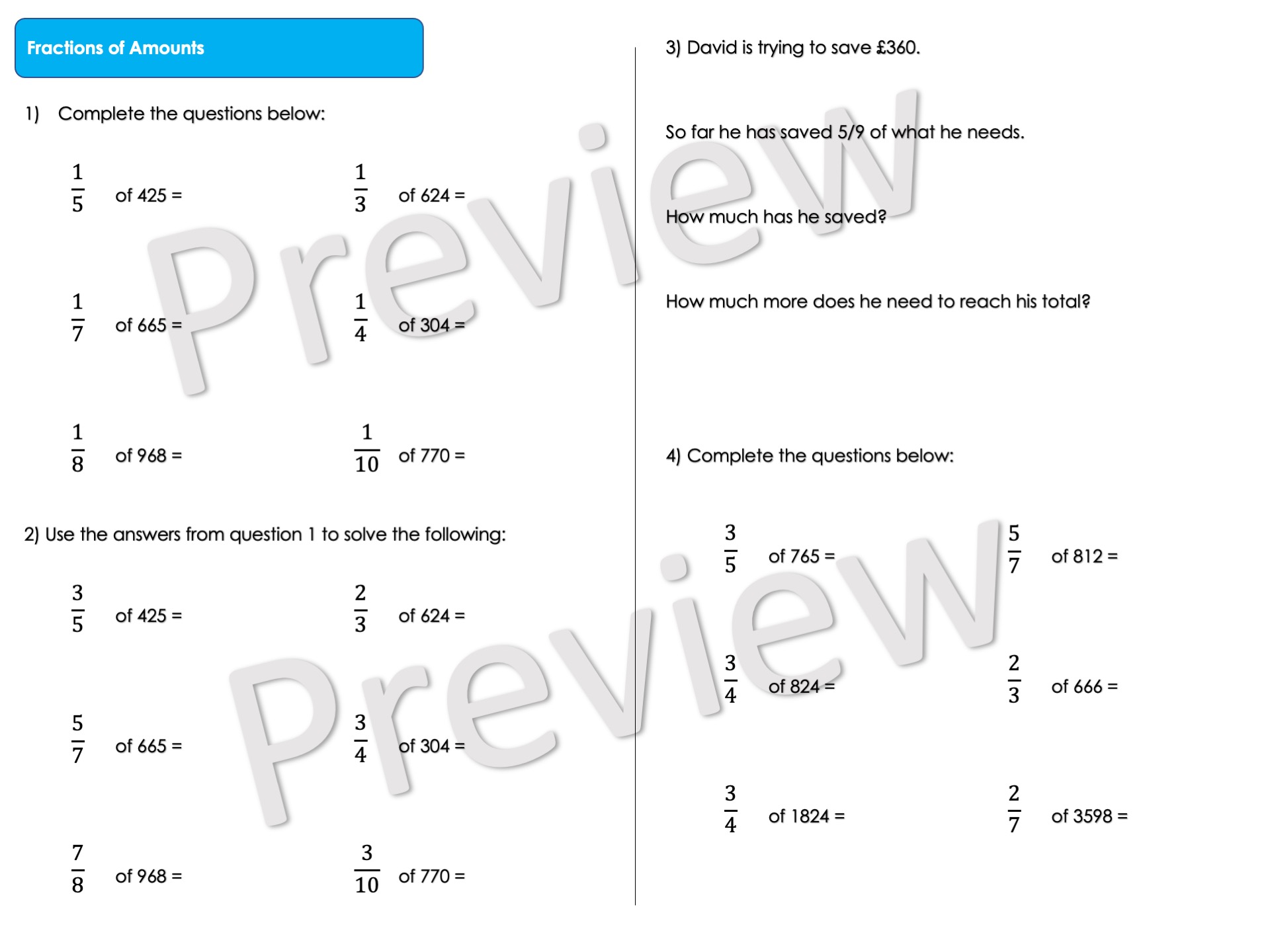 Fractions Of Amounts Worksheet Teaching Resources Fractions Of Amounts Worksheet Teaching Resources