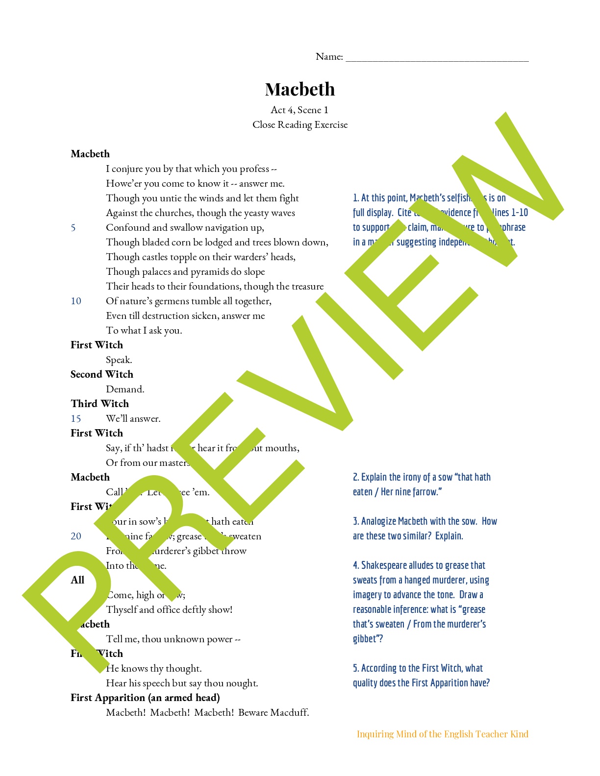 Macbeth Act 4 Worksheet