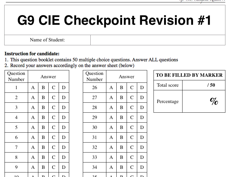Grade 9 CIE Checkpoint Revision 2 Teaching Resources