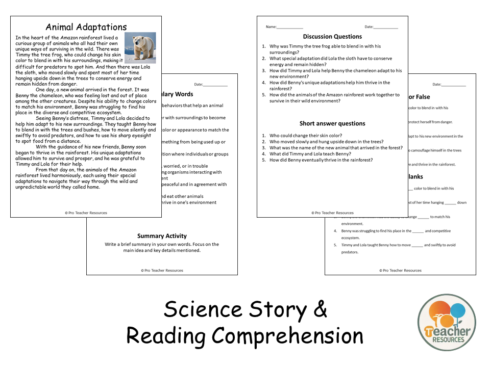 Animal Adaptations Reading Science Story Comprehension Questions ...