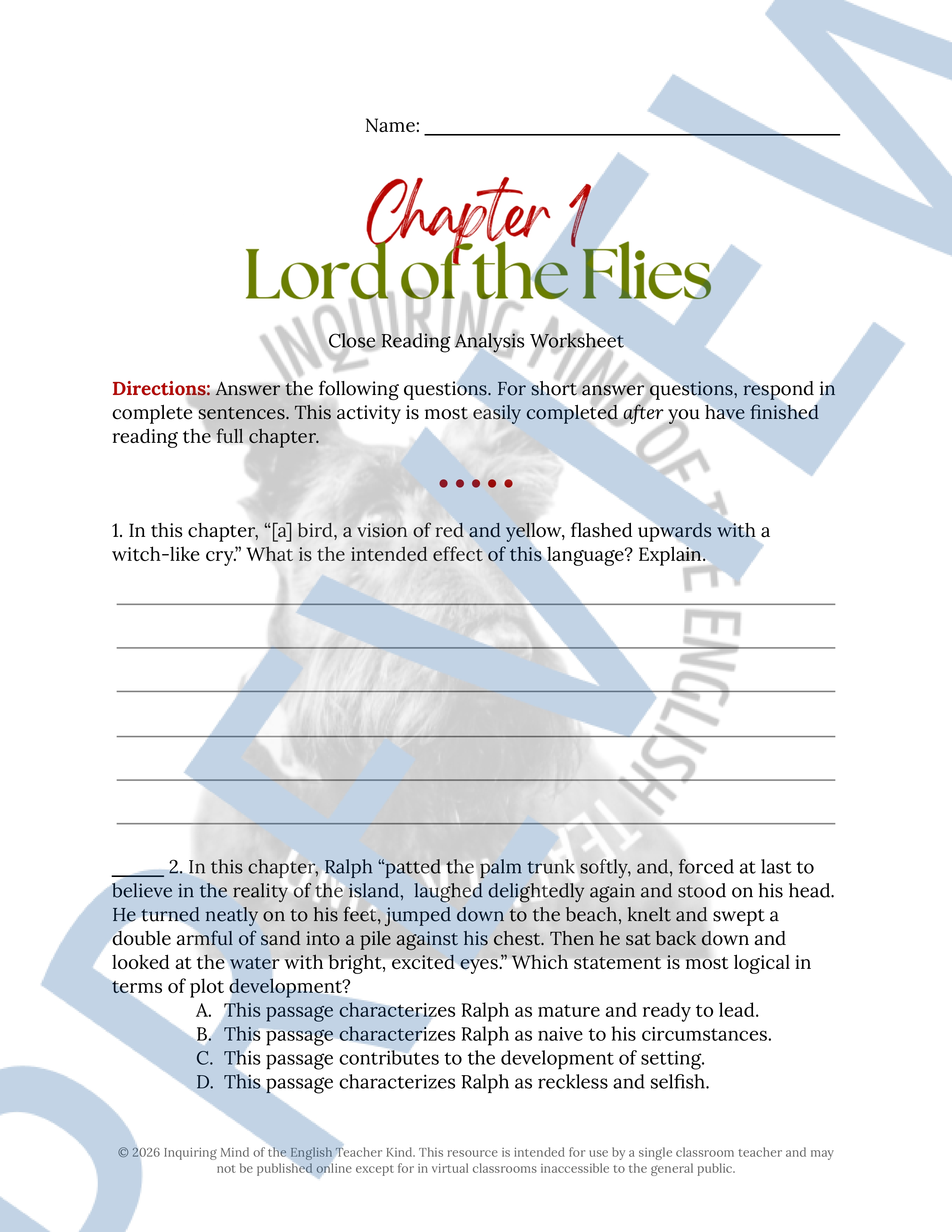 Lord of the Flies Chapter 1 Close Reading Analysis Worksheet | Teaching ...
