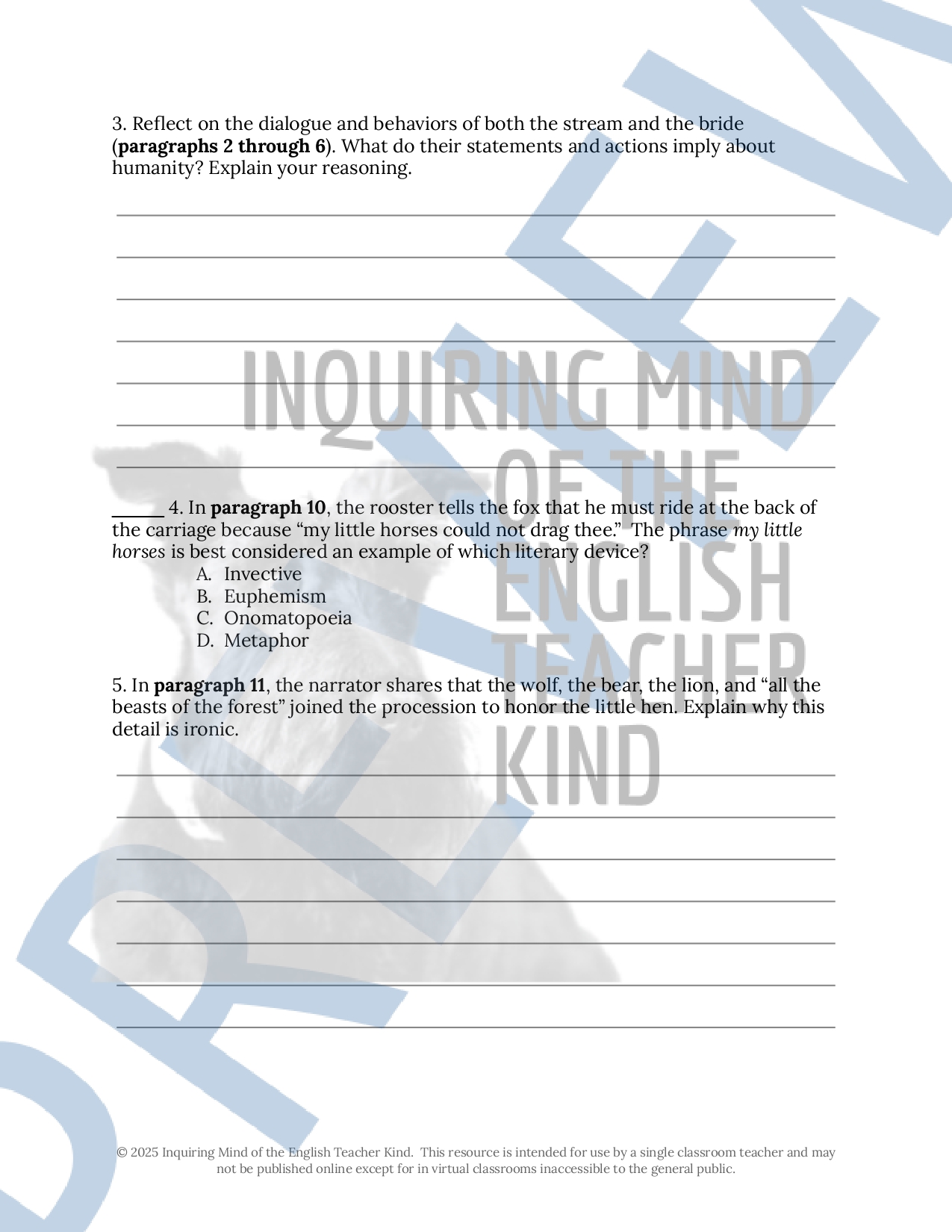 "The Death of the Little Hen" Close Reading Analysis Worksheet (Grimm's ...