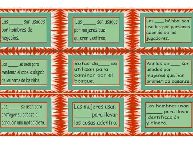 Clothing Accessories, Footwear, and Jewelry Spanish 4 Worksheet-2 Game ...