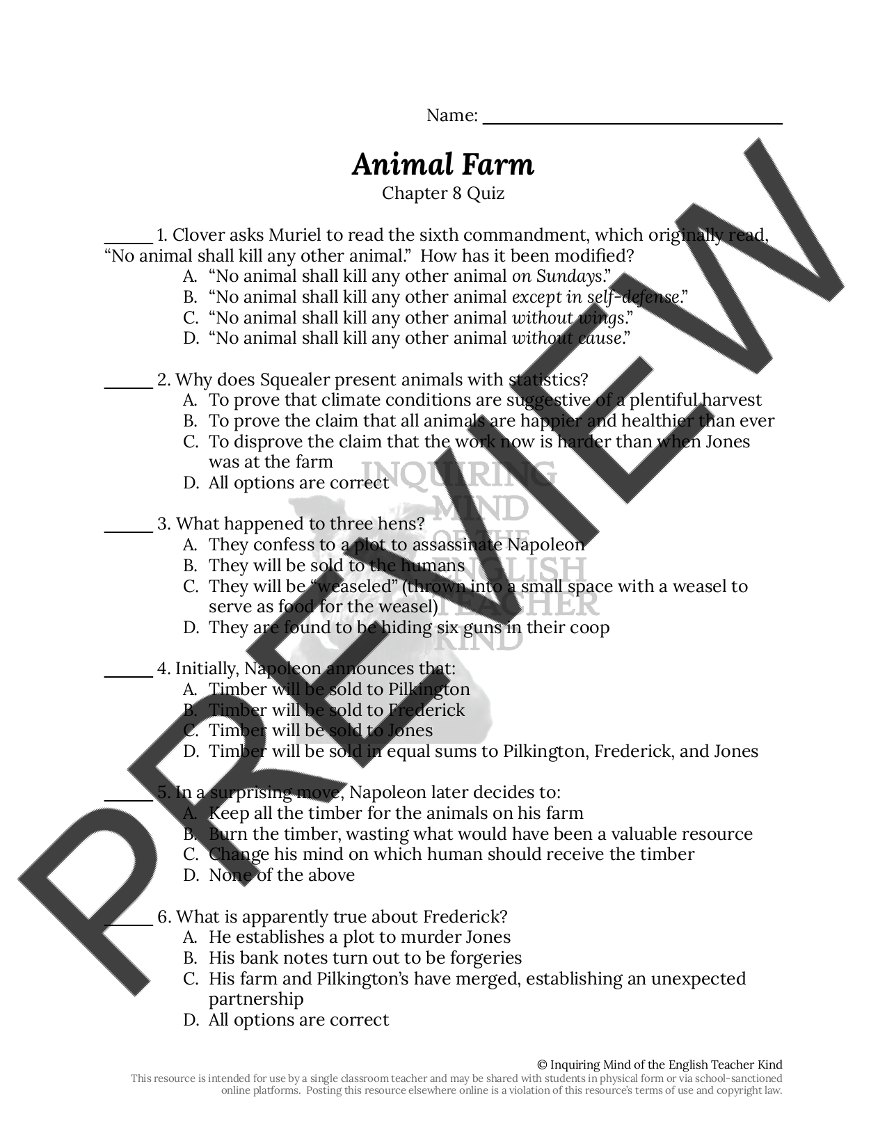 Animal Farm Chapter 8 Quiz and Answer Key | Teaching Resources