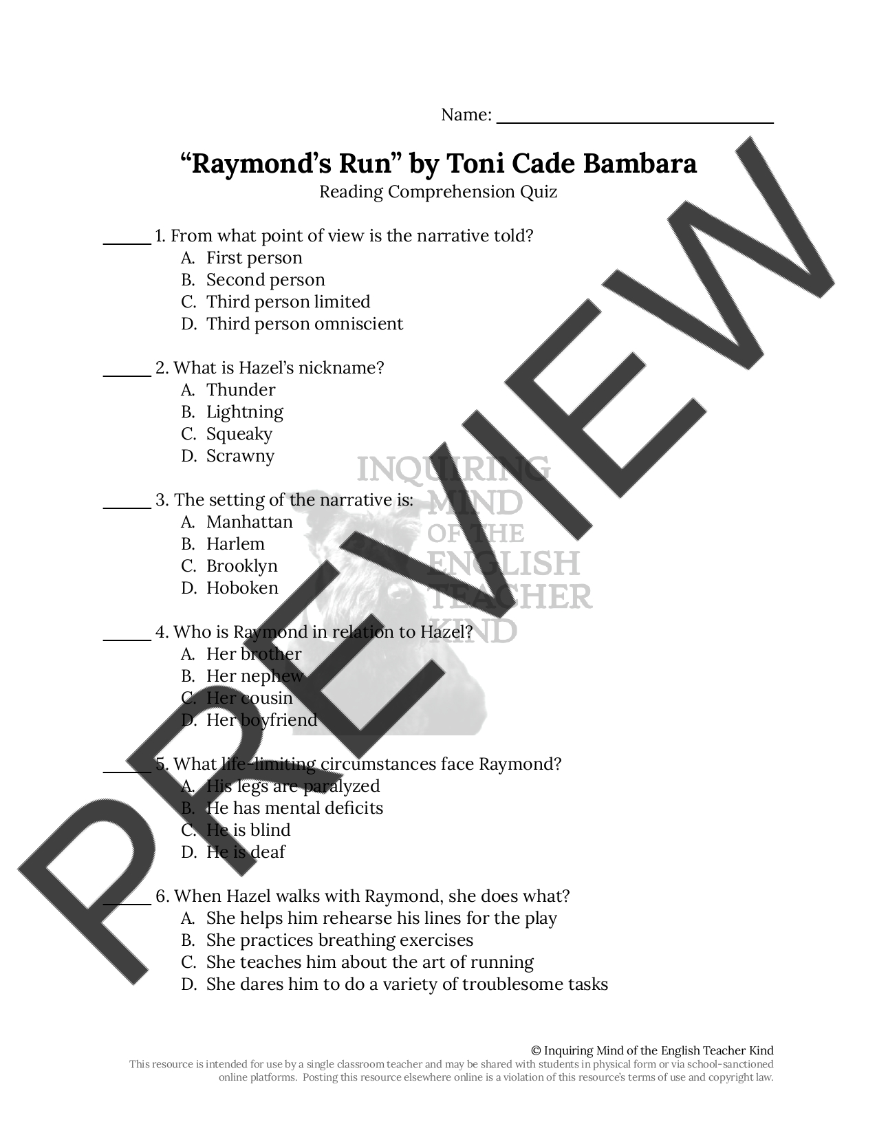 "Raymond's Run" by Toni Cade Bambara Quiz and Answer Key | Teaching ...