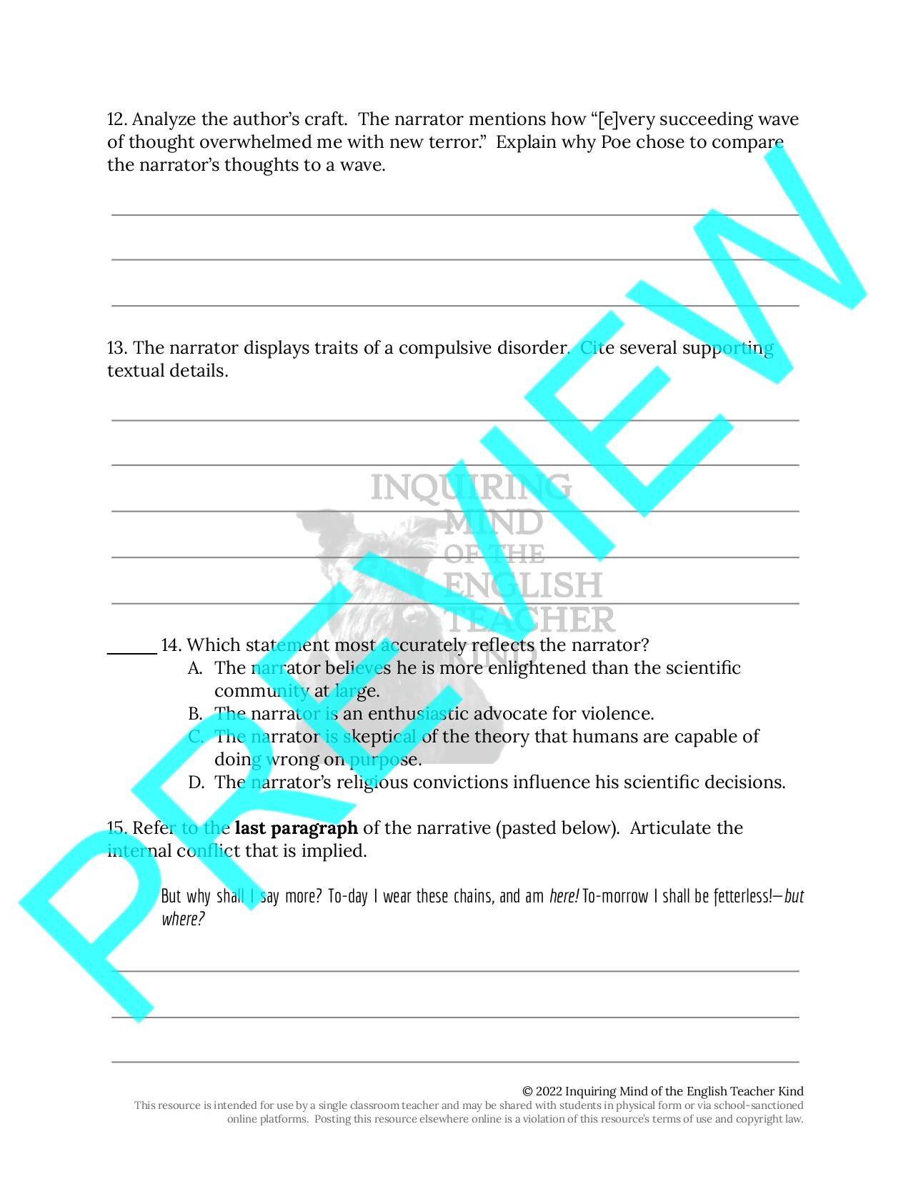 "The Imp of the Perverse" by Edgar Allan Poe Close Reading Worksheet ...