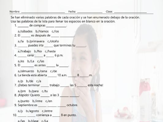 Time Prepositions Missing Words Spanish Worksheet | Teaching Resources