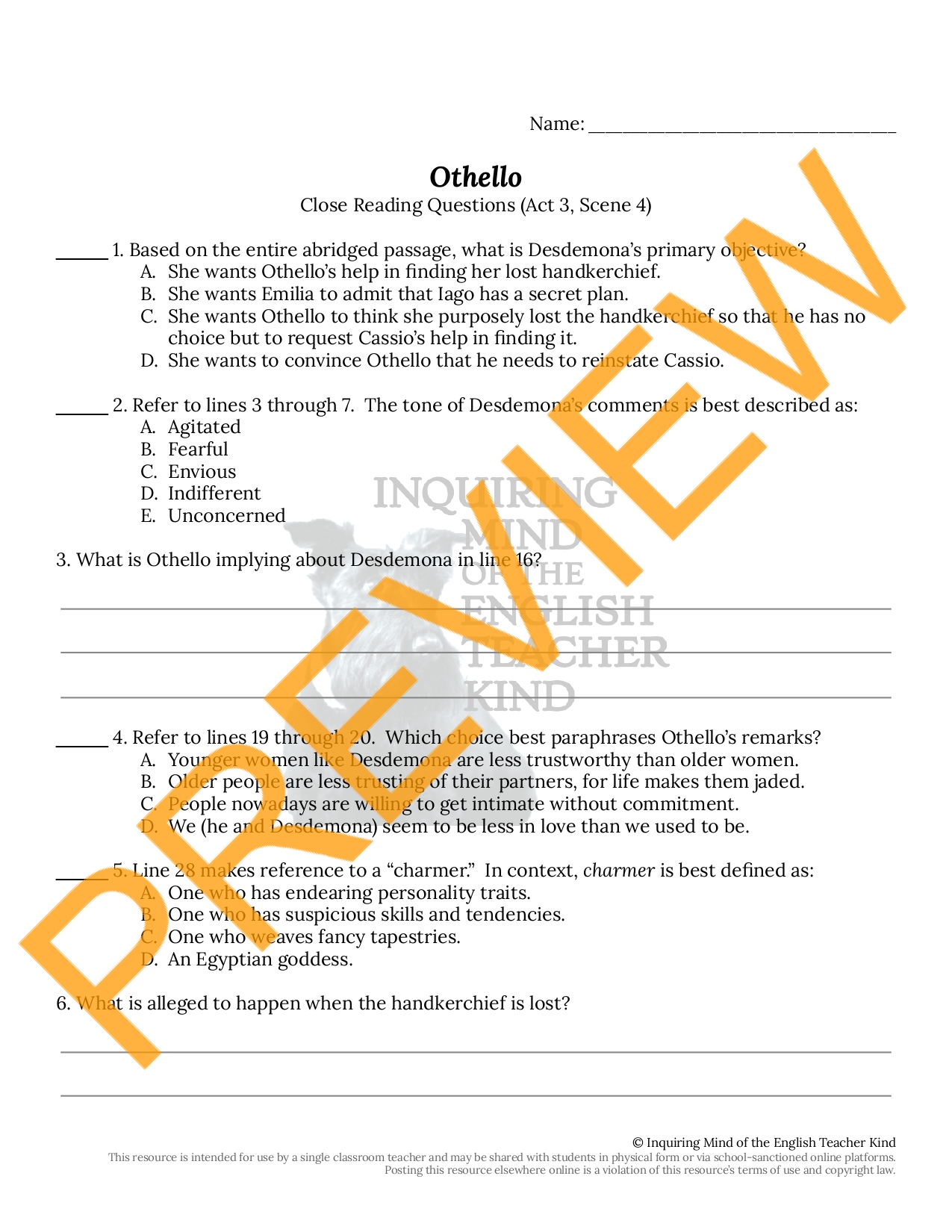 Othello Act 3 Scene 4 Close Reading Worksheet | Teaching Resources