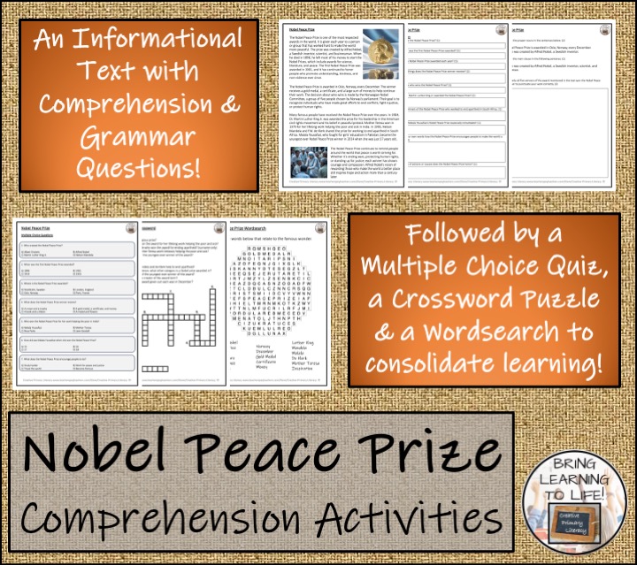 Nobel Peace Prize Reading Comprehension Activities | Year 5 or Year 6 ...