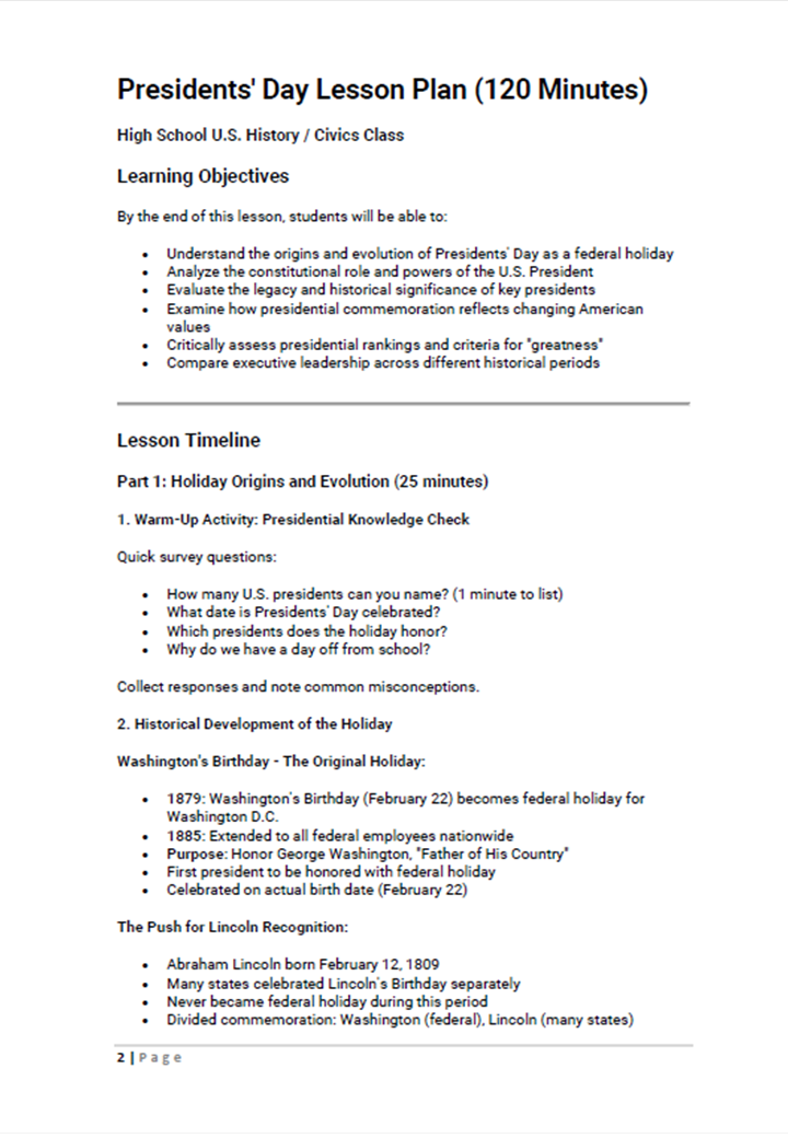 2-Hour Lesson Plan on President's Day | Teaching Resources