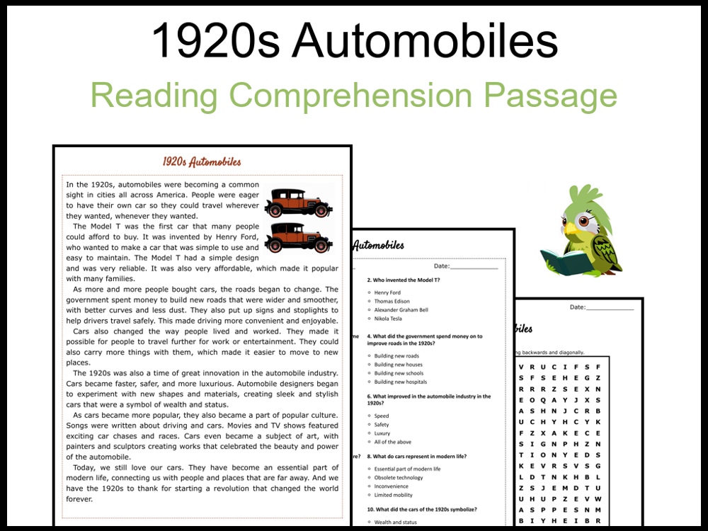 1920s Automobiles Reading Comprehension and Word Search | Teaching ...