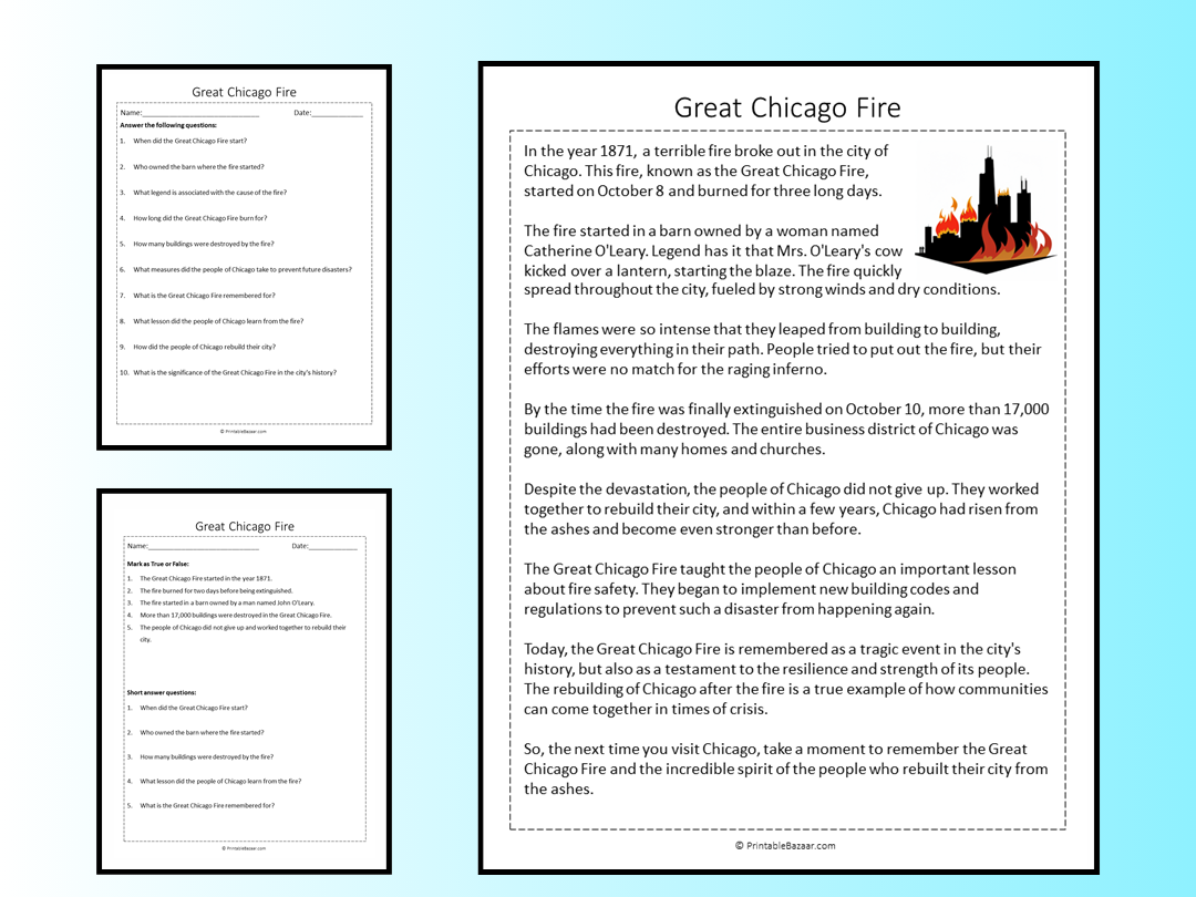 Great Chicago Fire Reading Comprehension Passage Printable Worksheet ...