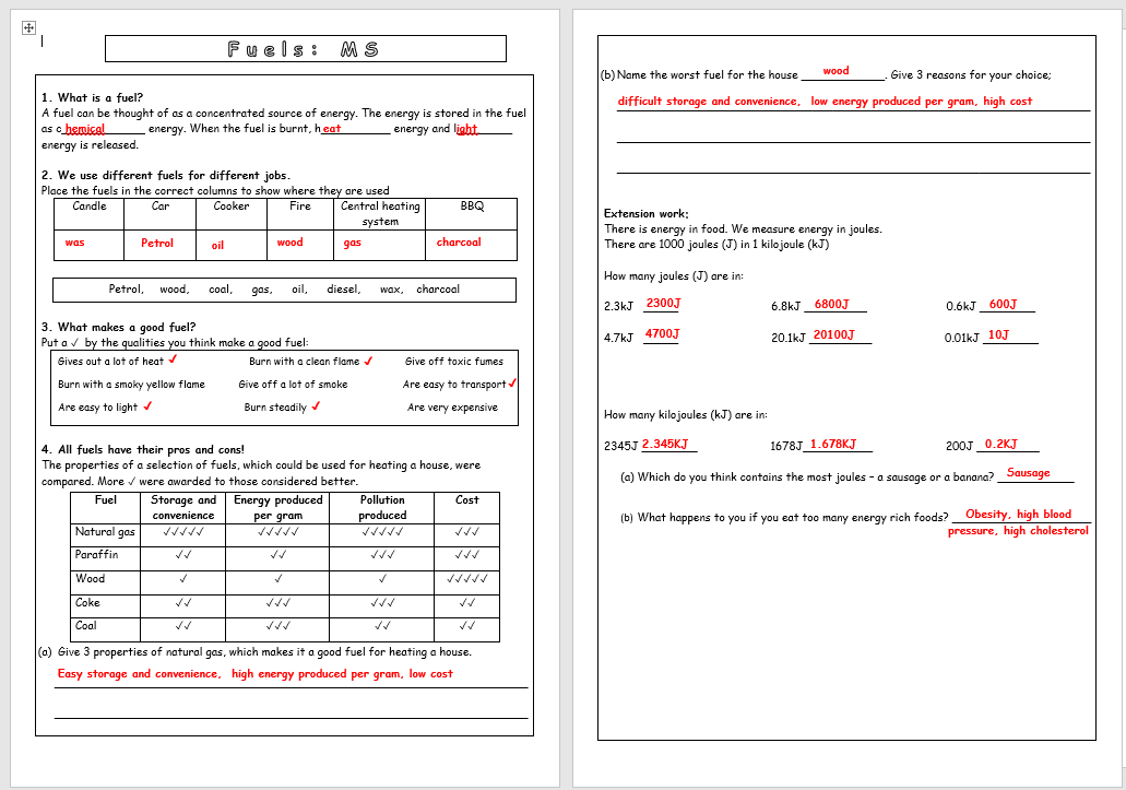 Year 7 Energy L5 - Fuels (Worksheet) | Teaching Resources