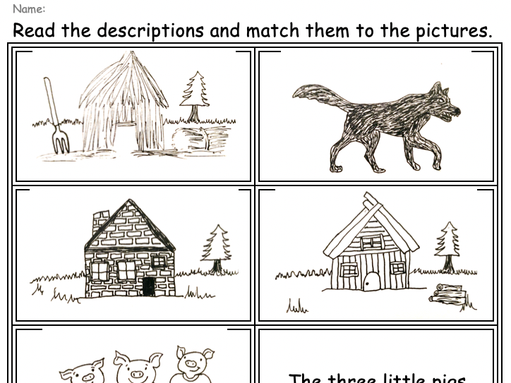 Three Little Pigs- Read the descriptions and match them to the pictures ...