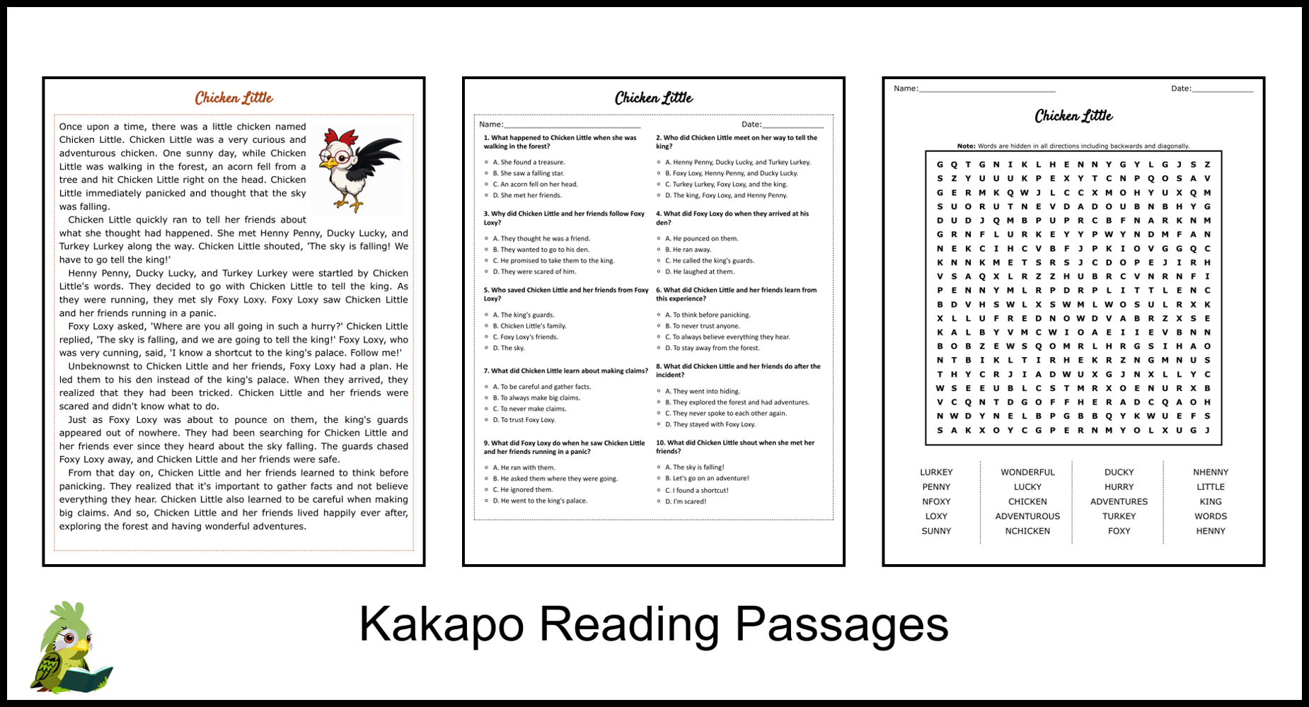 Chicken Little Reading Comprehension and Word Search | Teaching Resources