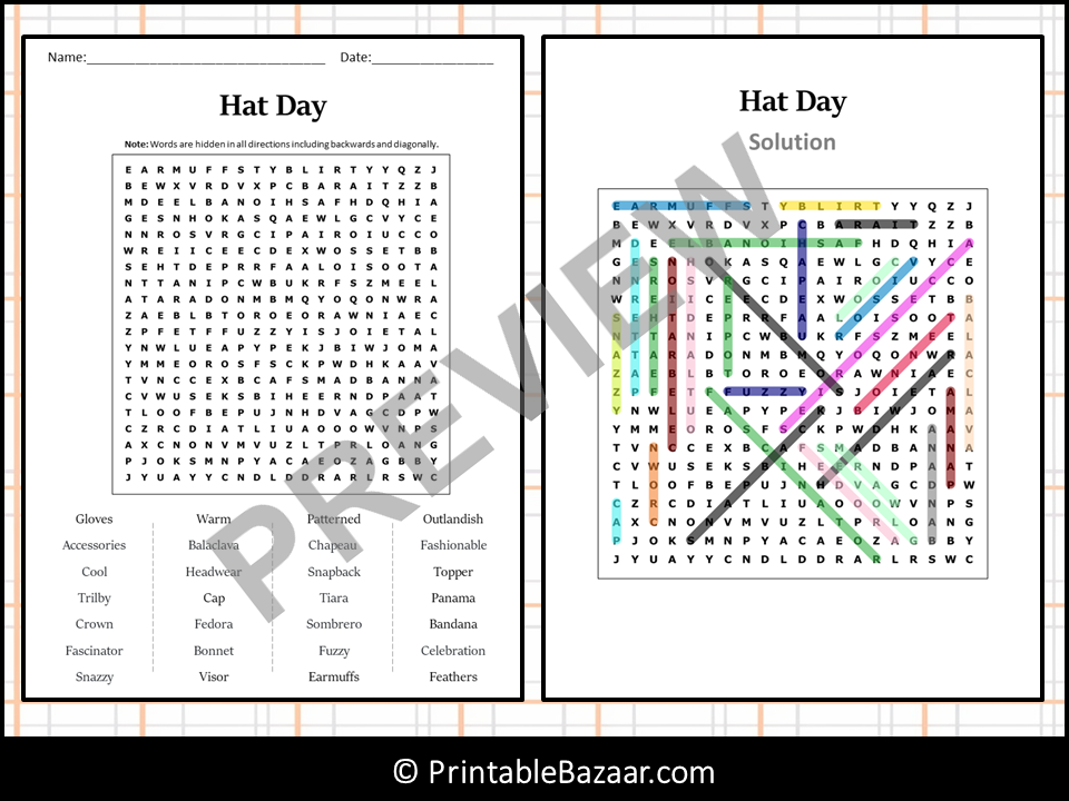 Hat Day Word Search Puzzle Worksheet Activity | Teaching Resources
