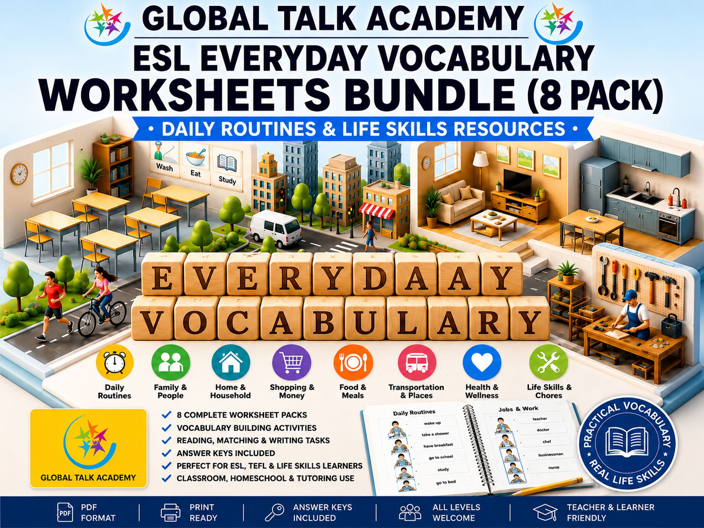 ESL Everyday Vocabulary Worksheets Bundle (8 Pack) | Teaching Resources