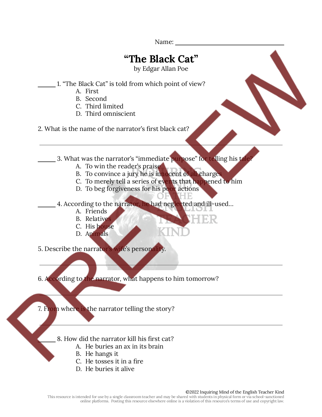 "The Black Cat" by Edgar Allan Poe Quiz and Answer Key | Teaching Resources