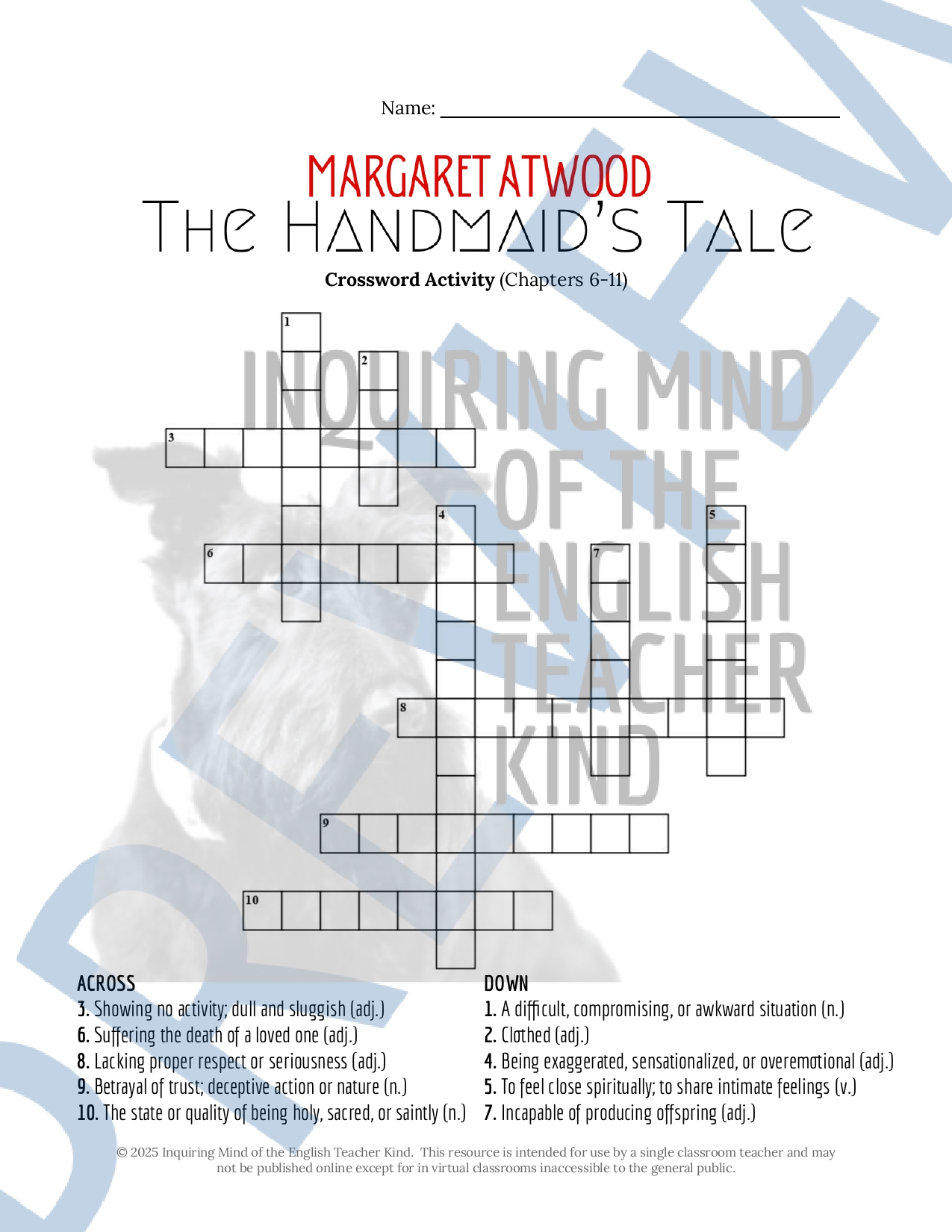 The Handmaid's Tale Chapters 6 through 11 Vocabulary Games | Teaching ...