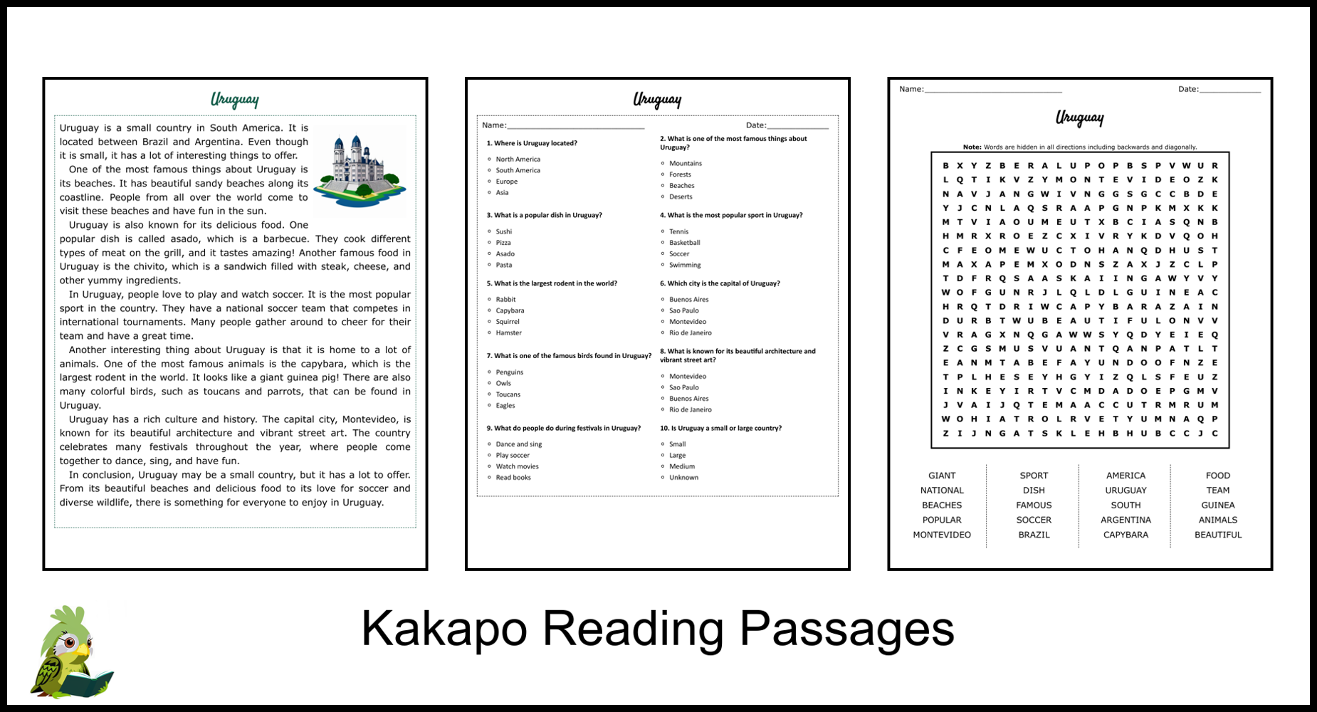 Uruguay Reading Comprehension and Word Search | Teaching Resources