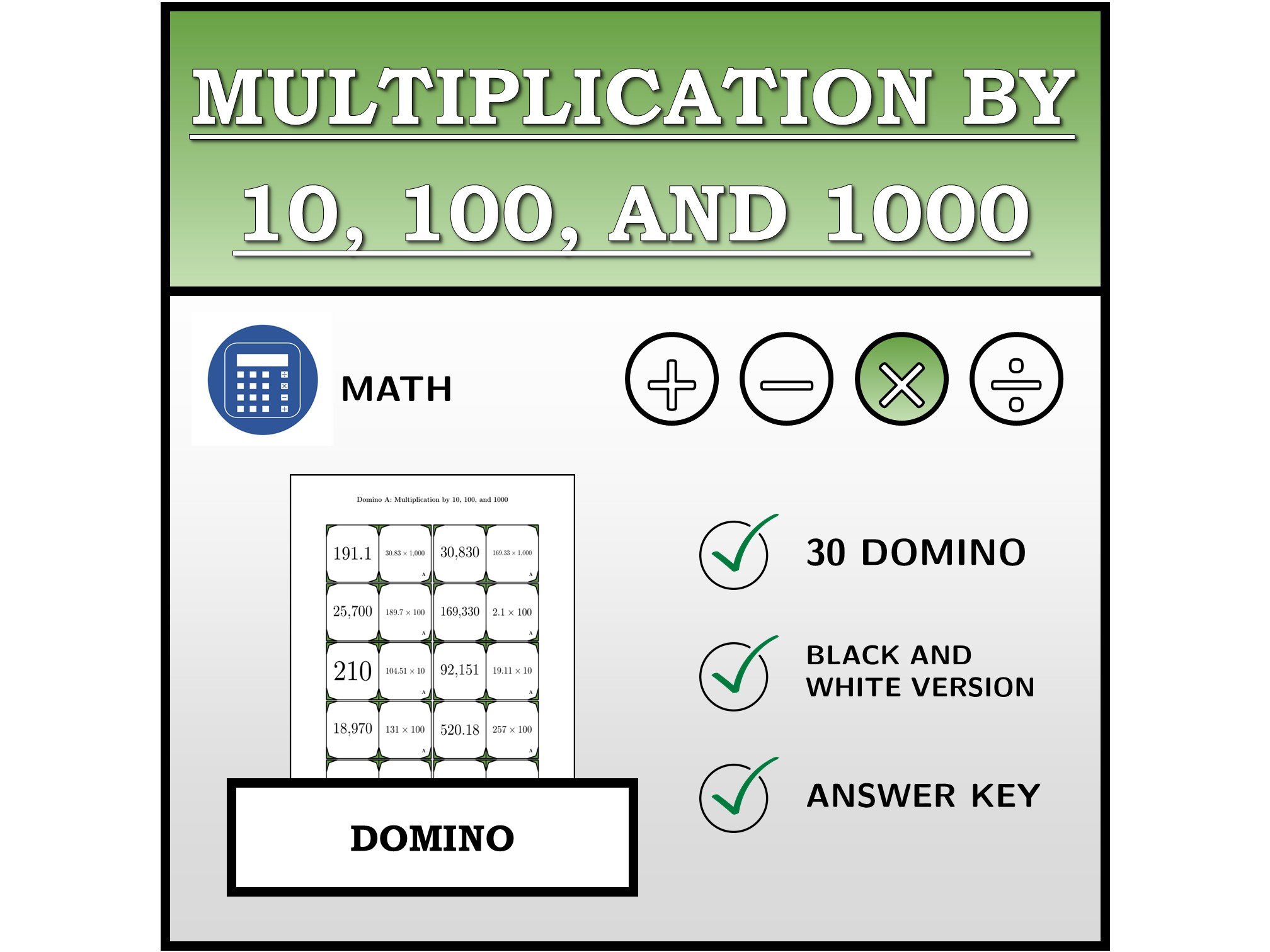 Domino | Multiplication by 10, 100, and 1000 | Math Activity | Teaching Resources