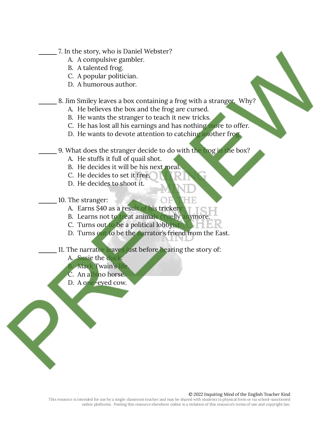 "The Celebrated Jumping Frog" by Mark Twain Quiz and Answer Key ...