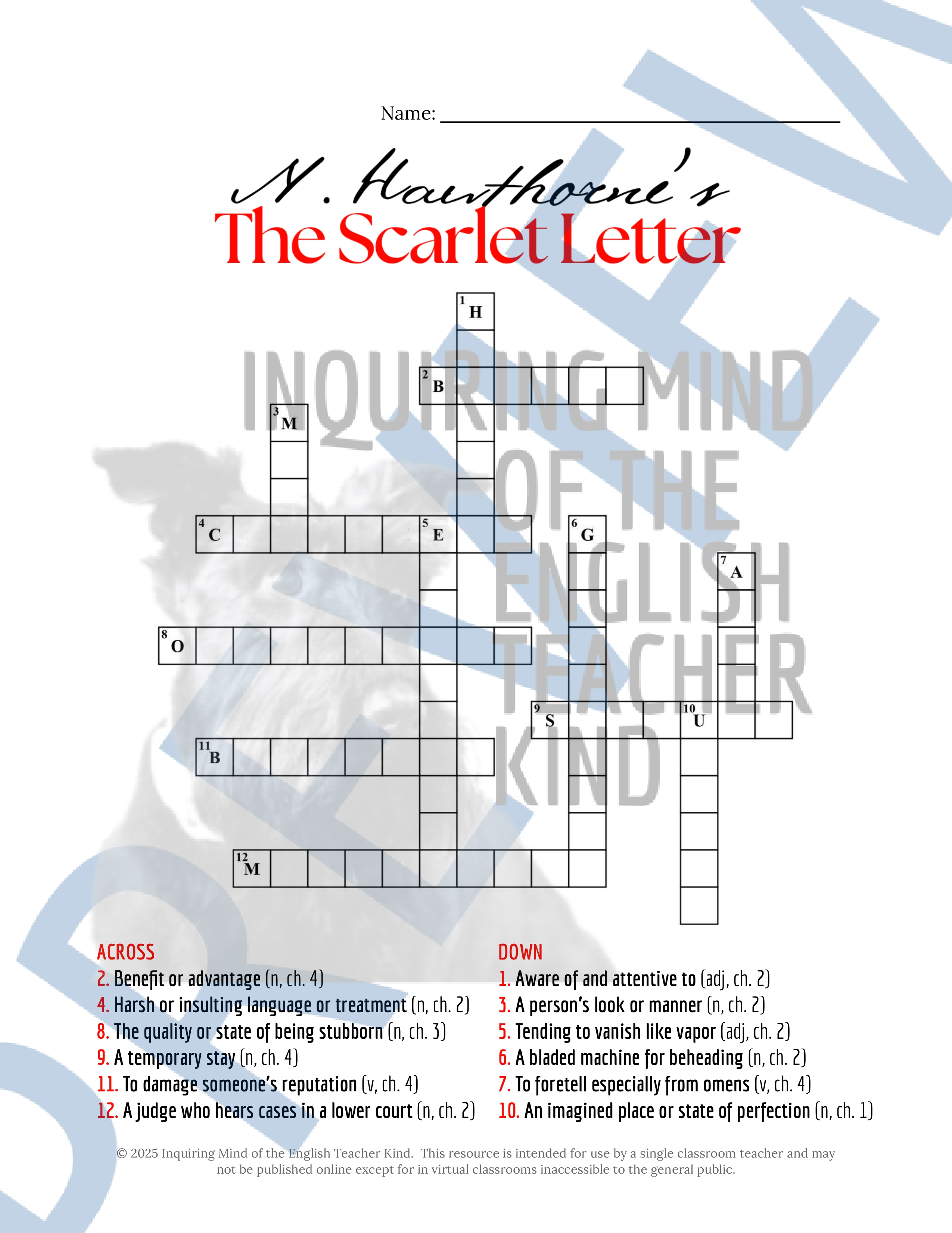 The Scarlet Letter Chapters 1, 2, 3, and 4 Vocabulary Activities ...