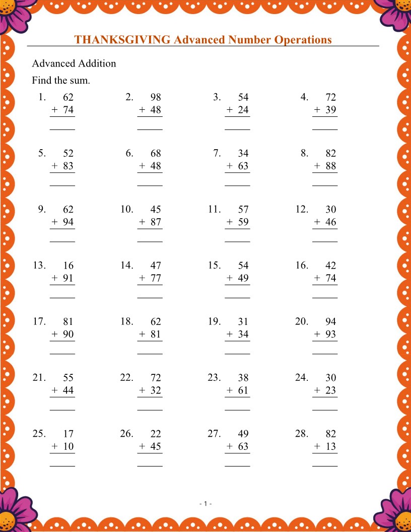 Advanced Math Operations Review: Thanksgiving Themed Worksheets (Four ...