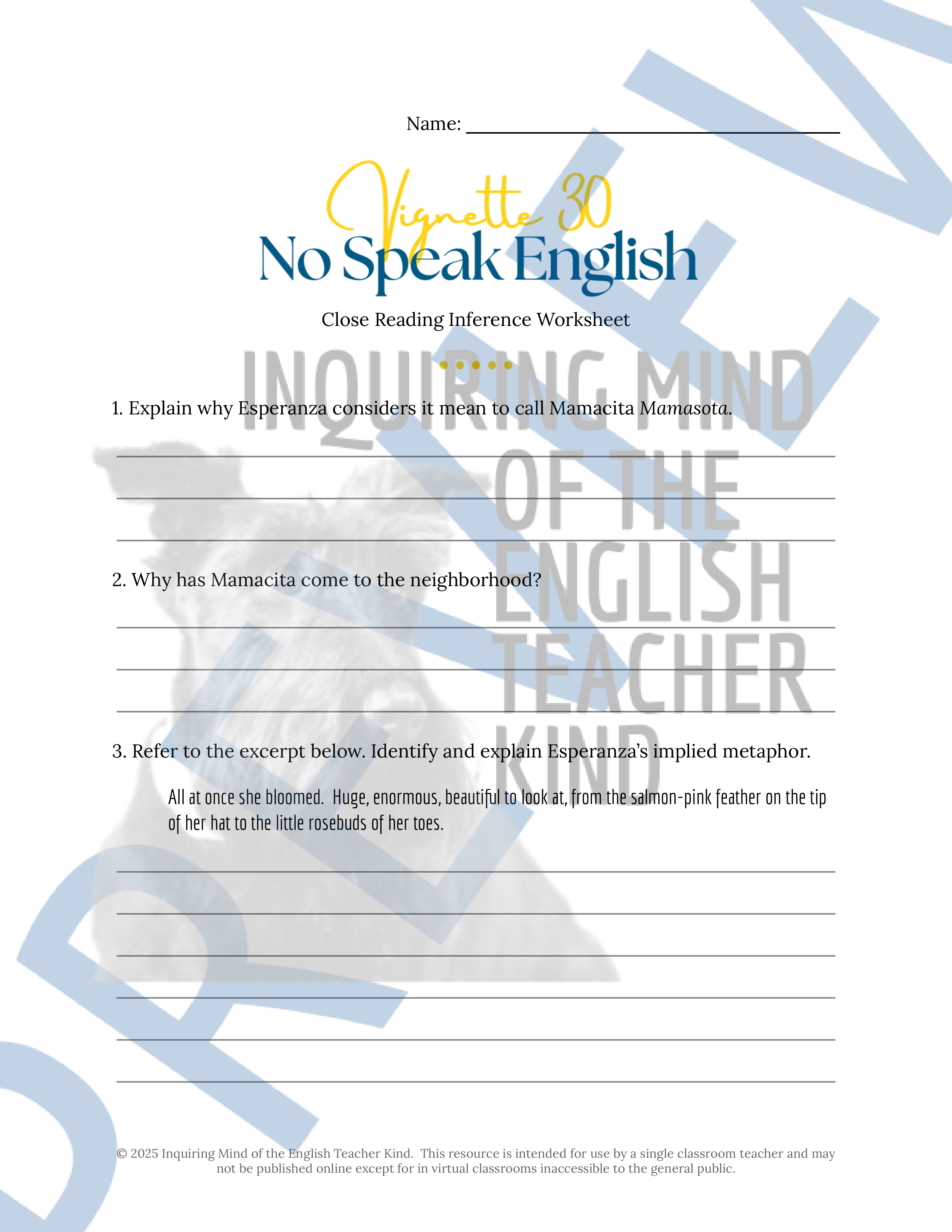 The House on Mango Street "No Speak English" Close Reading Inference ...