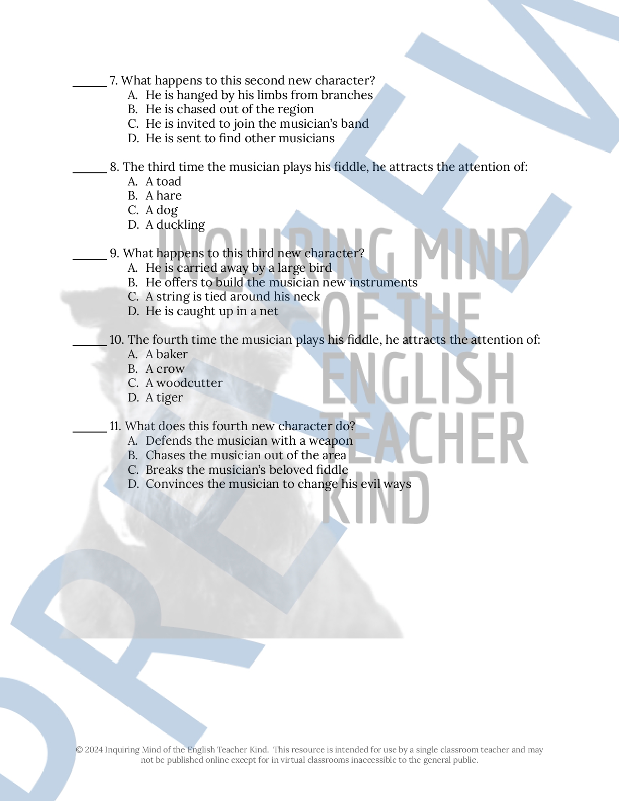 "The Wonderful Musician" by the Brothers Grimm Quiz and Answer Key ...