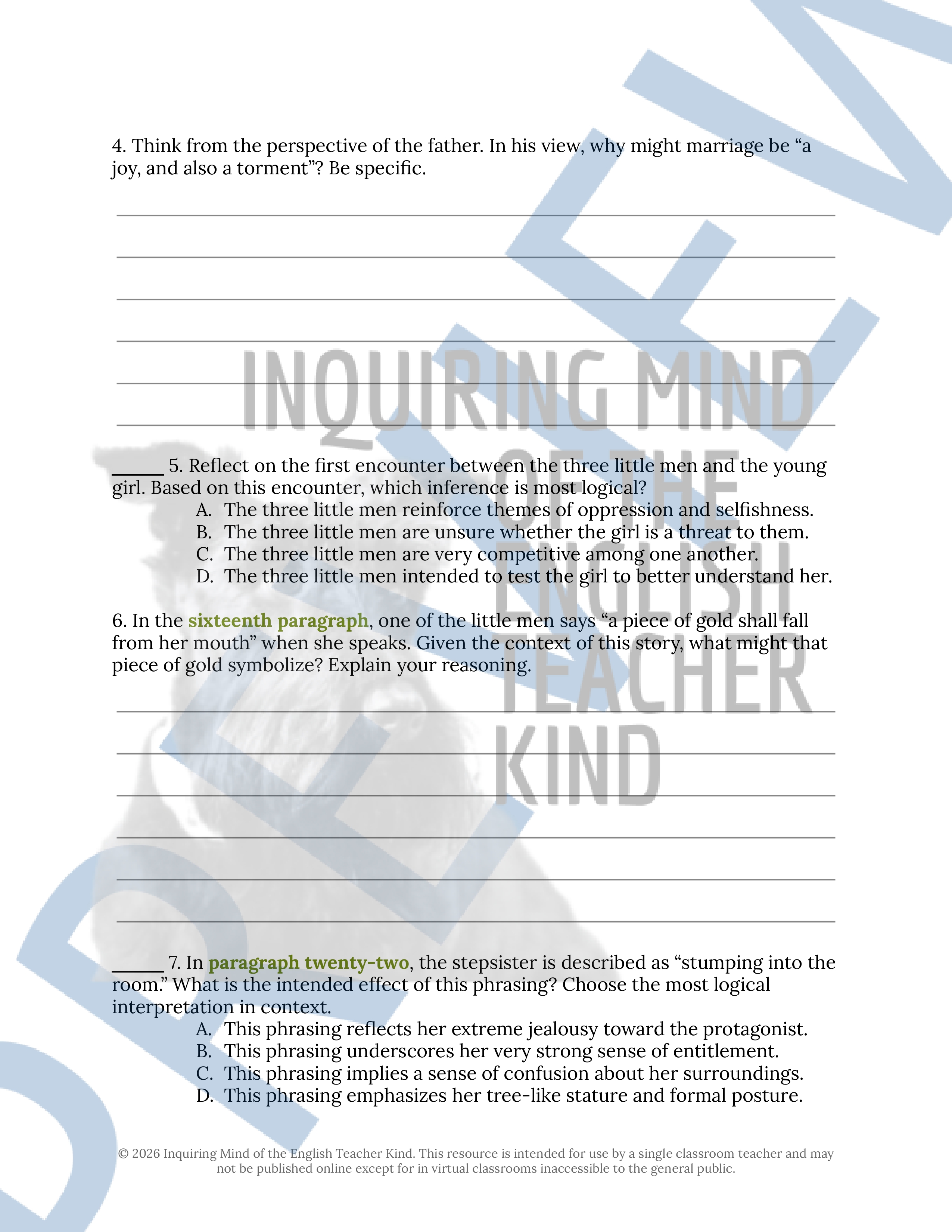 "The Three Little Men in the Wood" Close Reading Analysis Worksheet ...