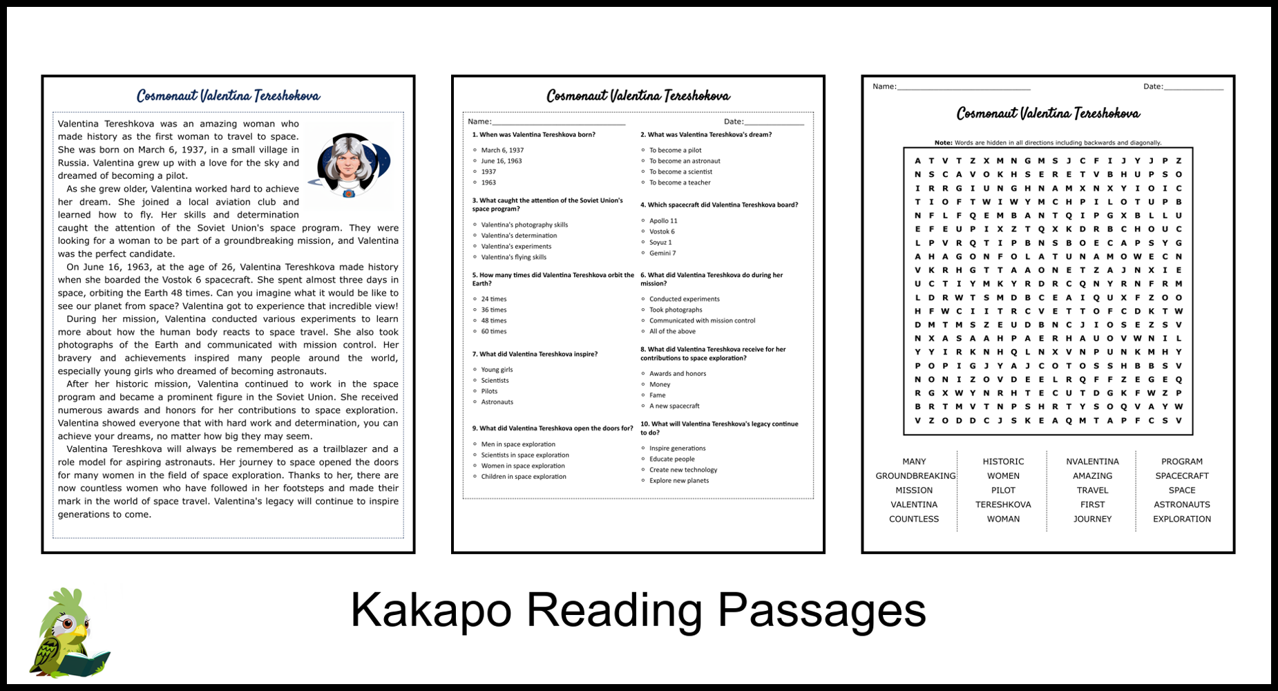 Cosmonaut Valentina Tereshokova Reading Comprehension and Word Search ...