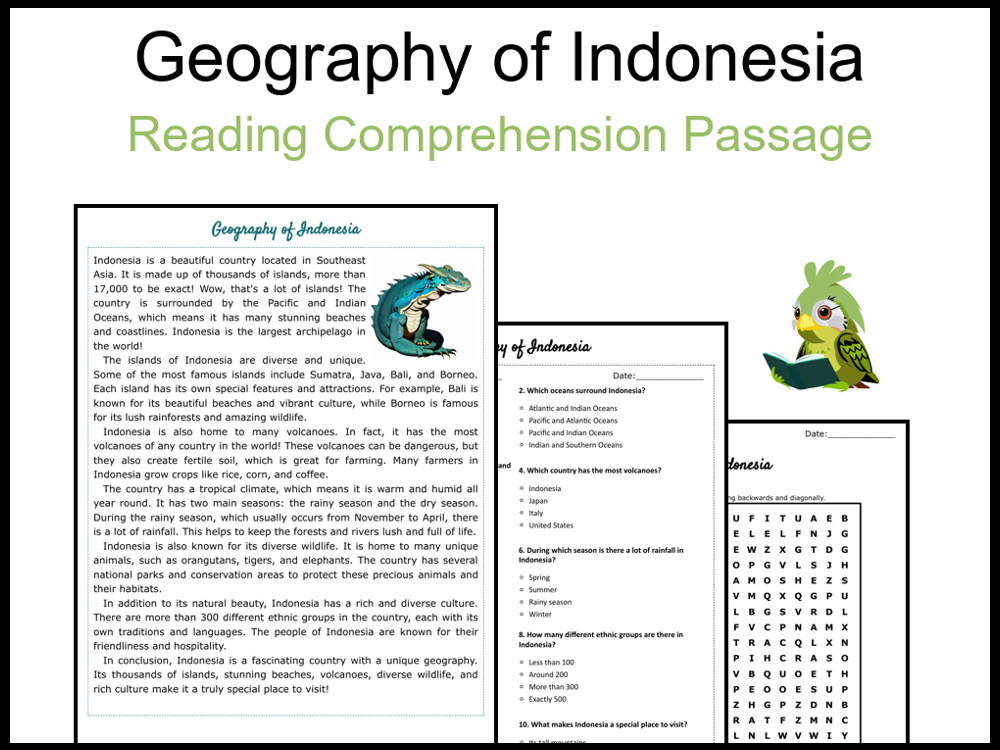 Geography of Indonesia Reading Comprehension and Word Search | Teaching ...