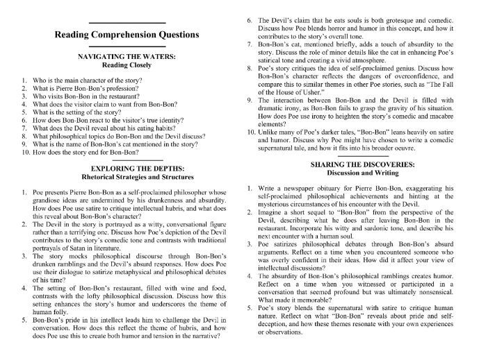 Bon-Bon by Edgar Allan Poe with Reading Comprehension Questions ...