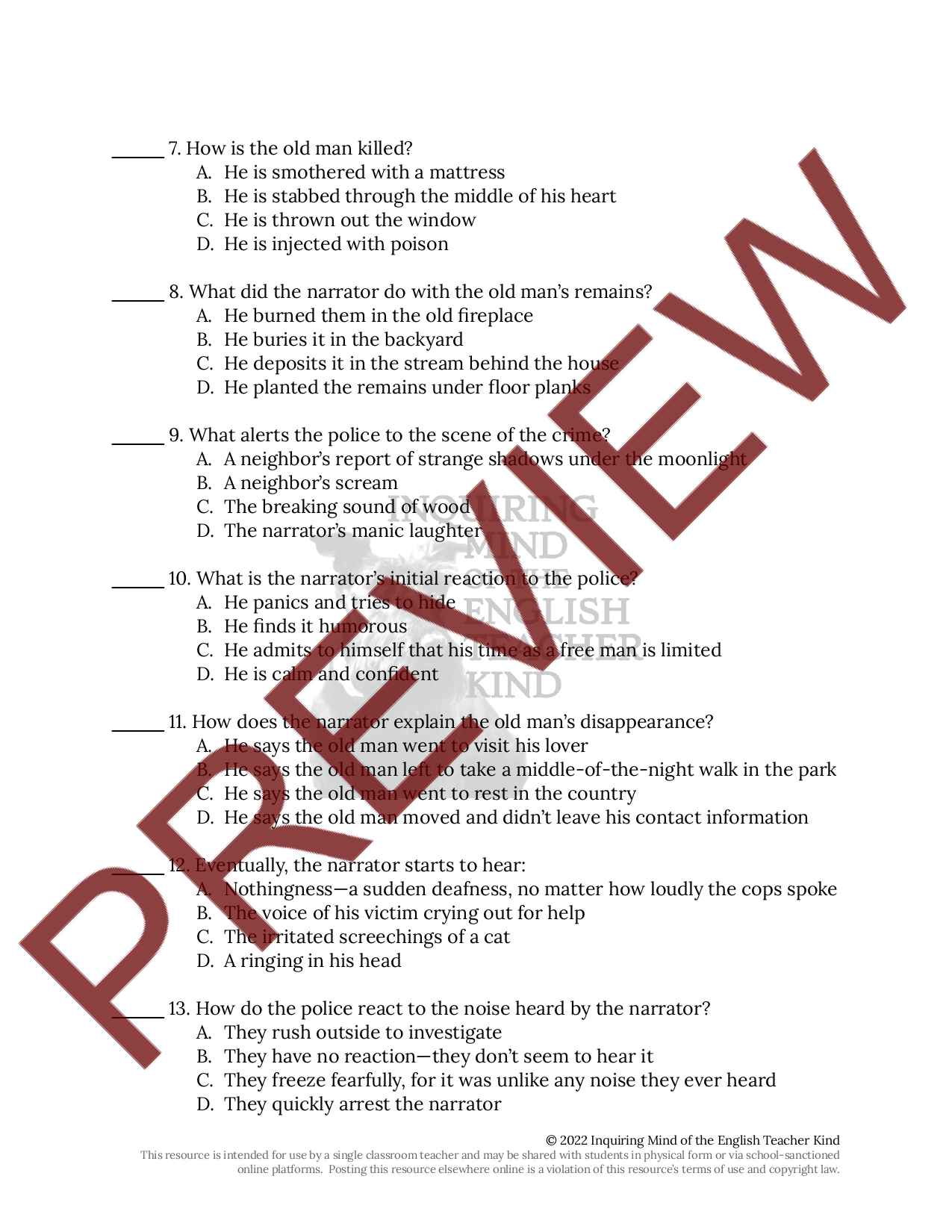 "The Tell-Tale Heart" by Edgar Allan Poe Quiz and Answer Key | Teaching ...