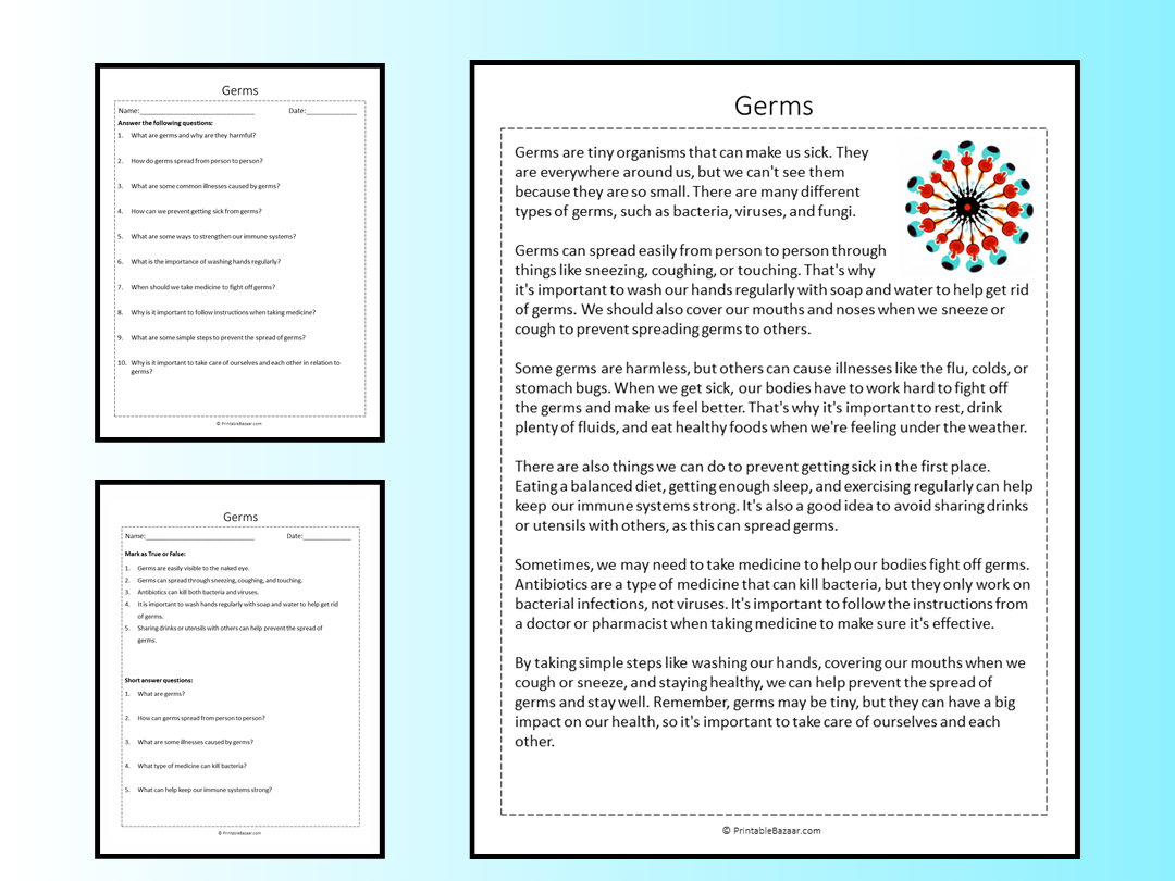 Germs Reading Comprehension Passage Printable Worksheet | Teaching ...