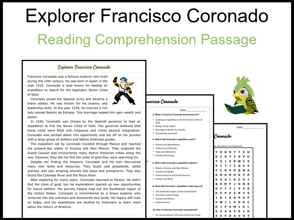 Explorer Francisco Coronado Reading Comprehension and Word Search ...