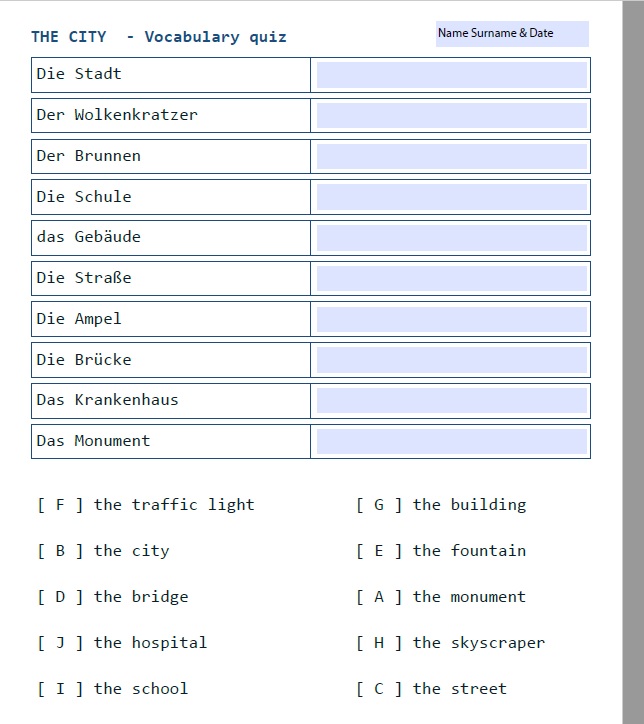 THE CITY - ENGLISH GERMAN VOCABULARY QUIZ | Teaching Resources